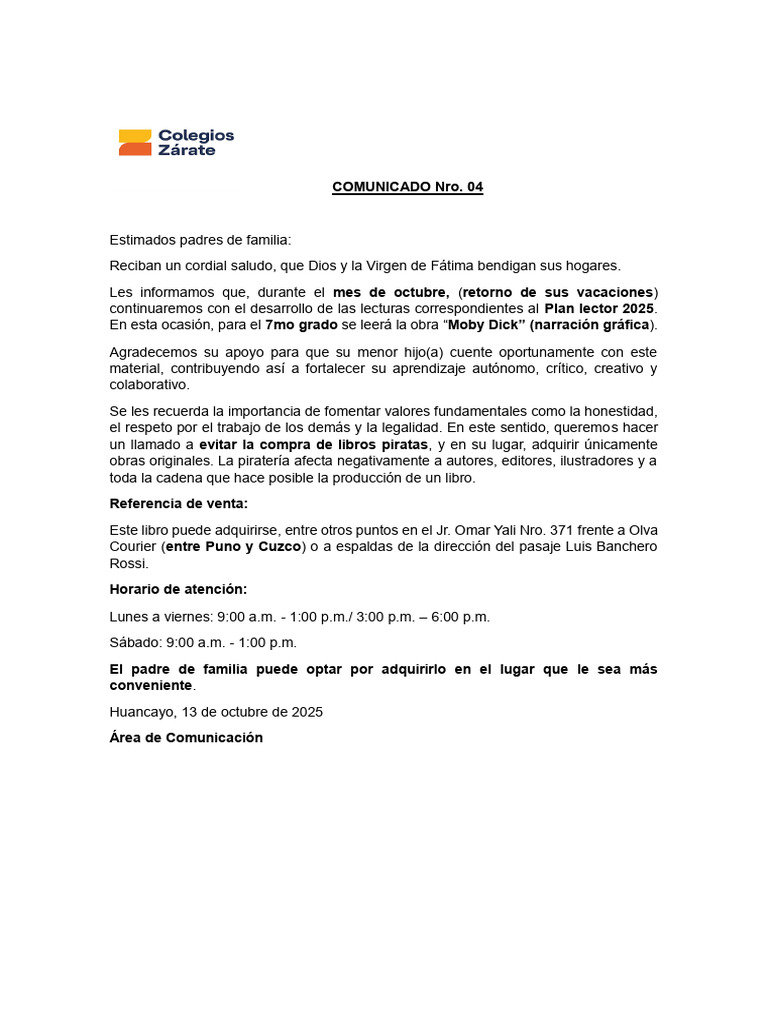 Comunicado Plan Lector IV Bimestre - 7mo Grado. | PDF