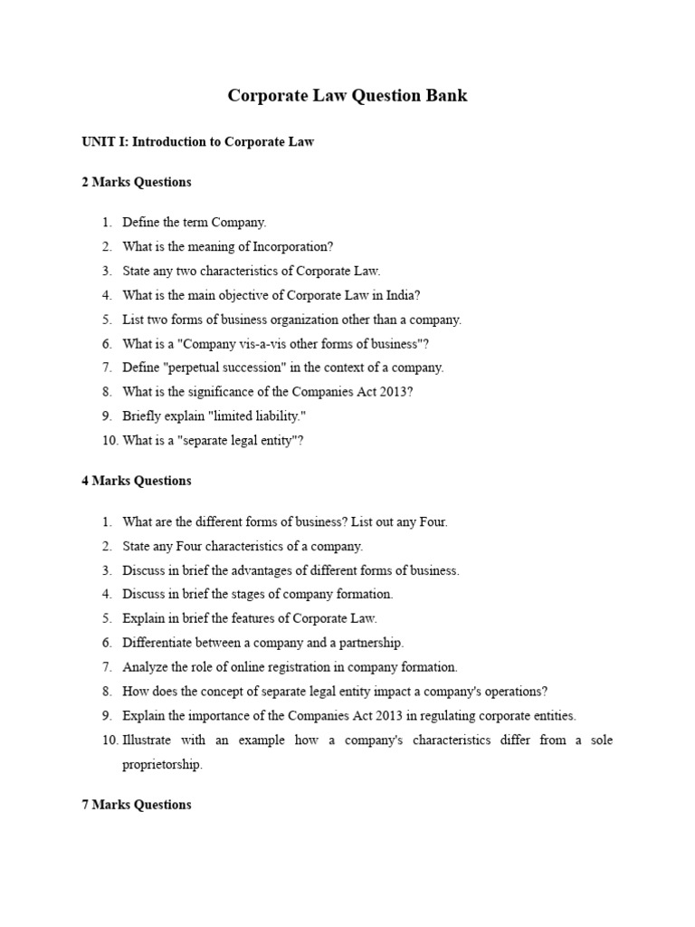 Corporate Law Question Bank Overview | PDF | Liquidation | Corporations