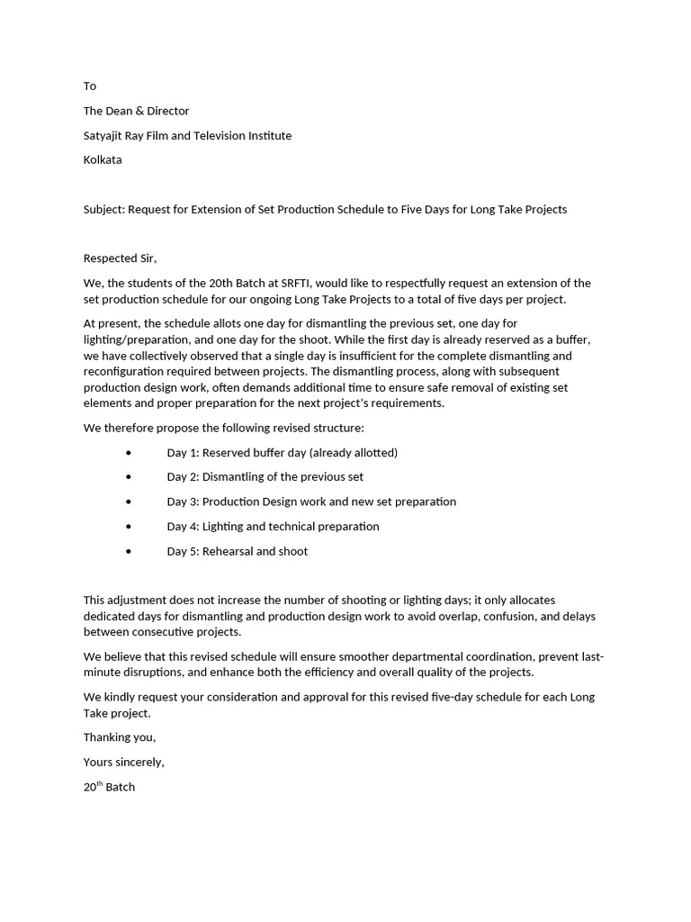 Request for Extended Production Schedule | PDF