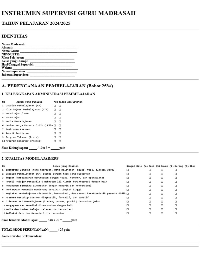 Instrumen Supervisi Guru Madrasah 2024-2025 | PDF