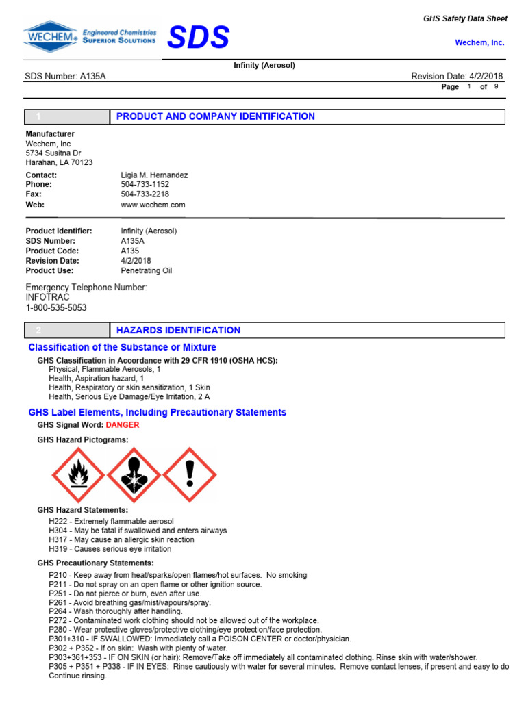 Infinity Aerosol Safety Data Sheet | PDF | Dangerous Goods ...