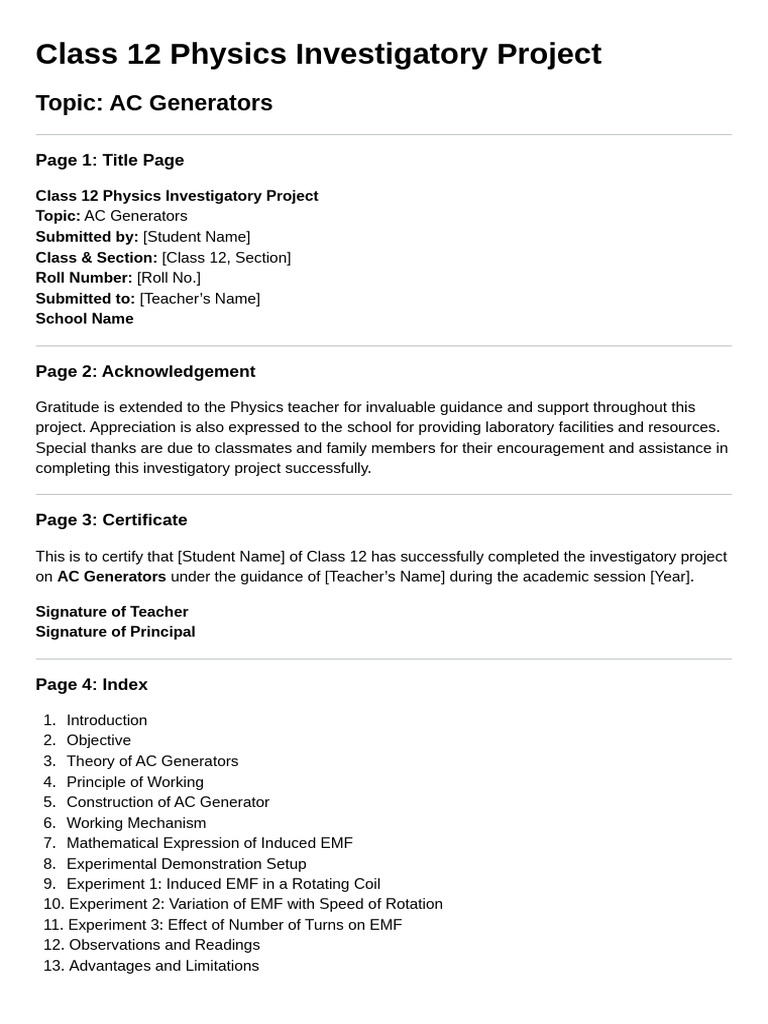 AC Generators: Class 12 Project Guide | PDF | Electromagnetic Induction ...