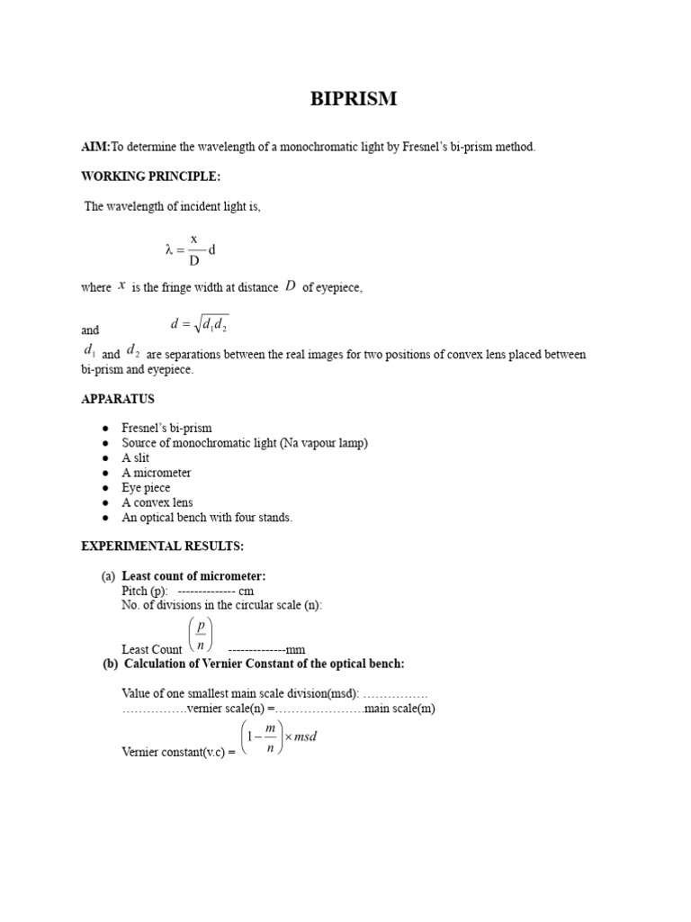 Measure Wavelength Using Fresnel Bi-Prism | PDF | Optics | Electrodynamics
