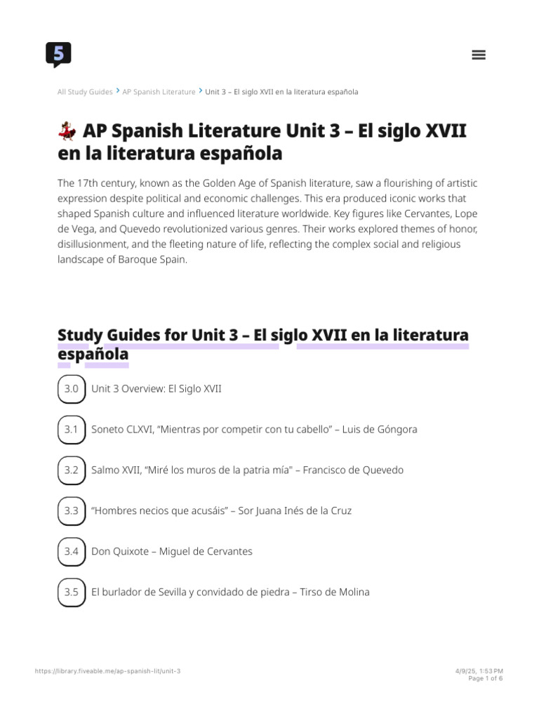 2.0 El Siglo XVII en La Literatura Española - AP Spanish Literature ...