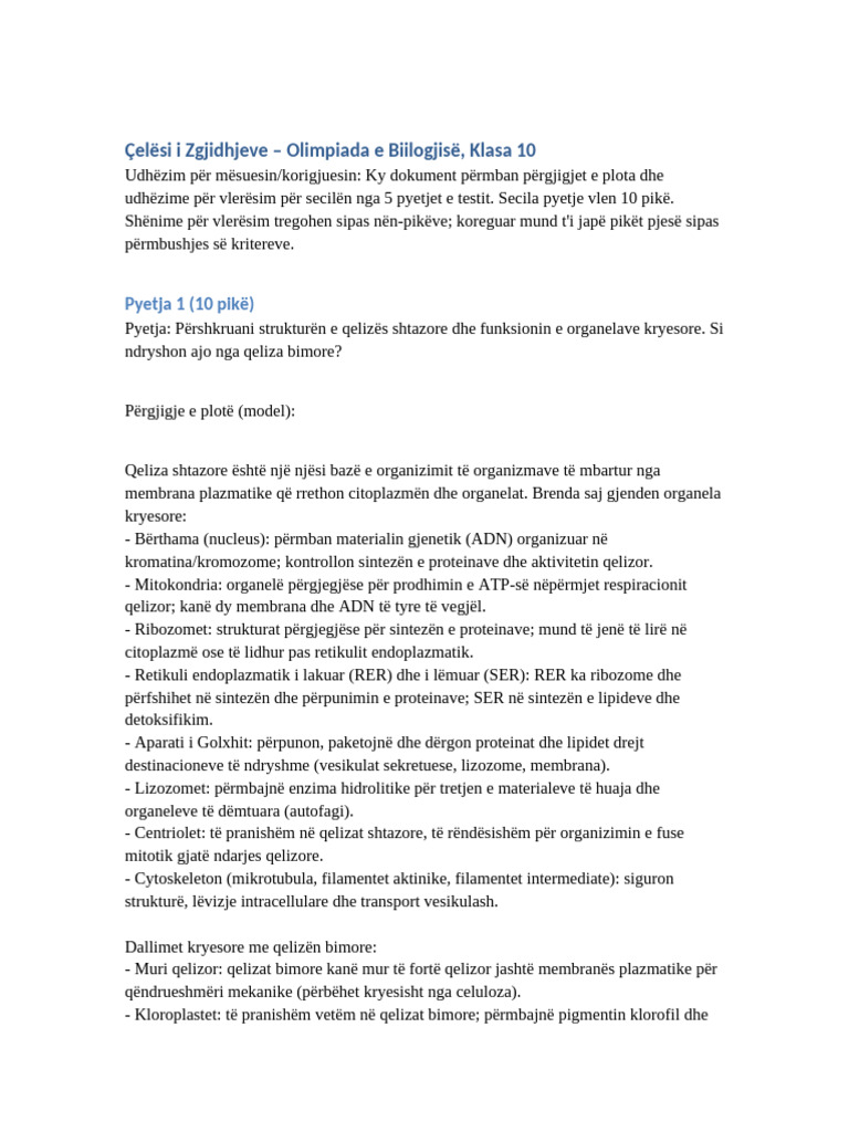 Celesi Zgjidhjeve Olimpiada Biologji Klasa 10 | PDF