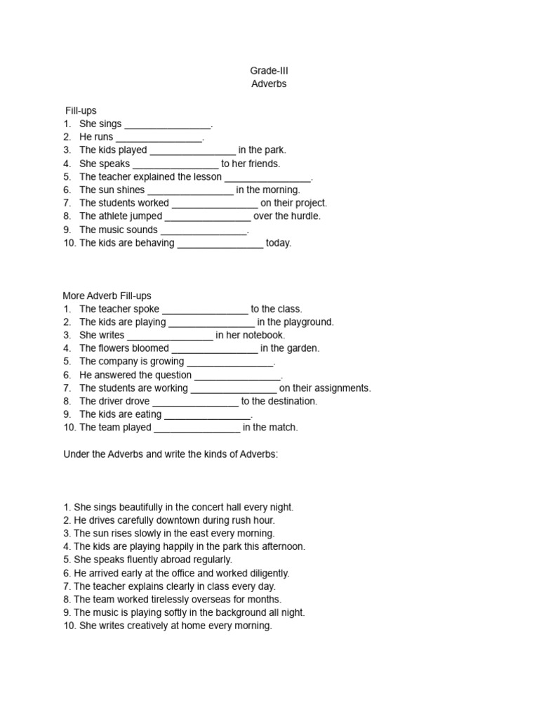 Grade 3 Adverb Fill-in Exercises | PDF