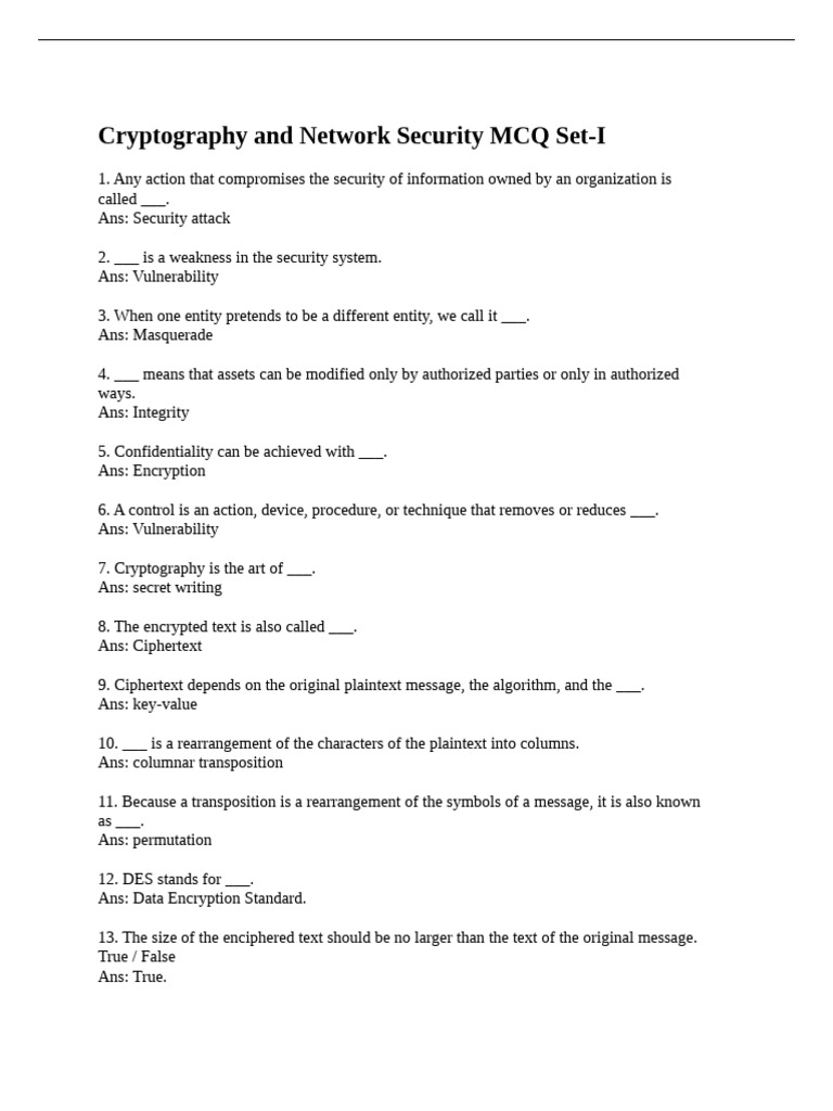Cryptography and Network Security MCQ Set | PDF | Computer Network | Key (Cryptography)