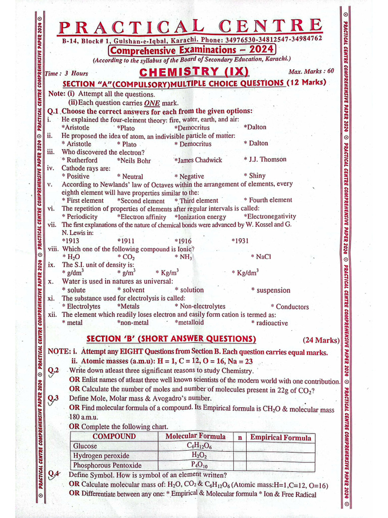 Chemistry, Class 9, Practical Center Comprehensive Paper | PDF