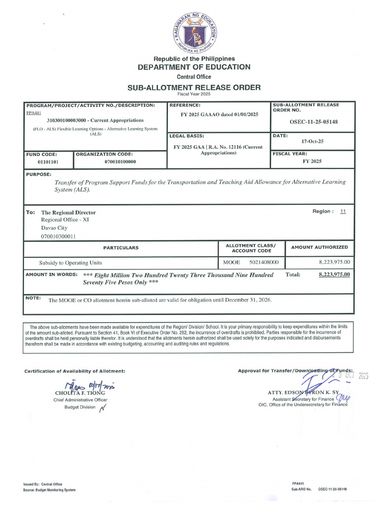 Osec 11-25-05148 Transportation and Teaching Aid Allowance | PDF