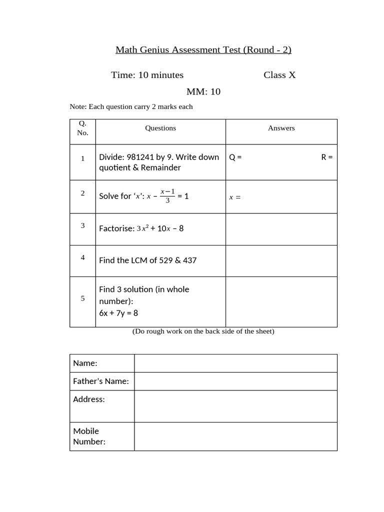 Math Genius Assessment Worksheet | PDF