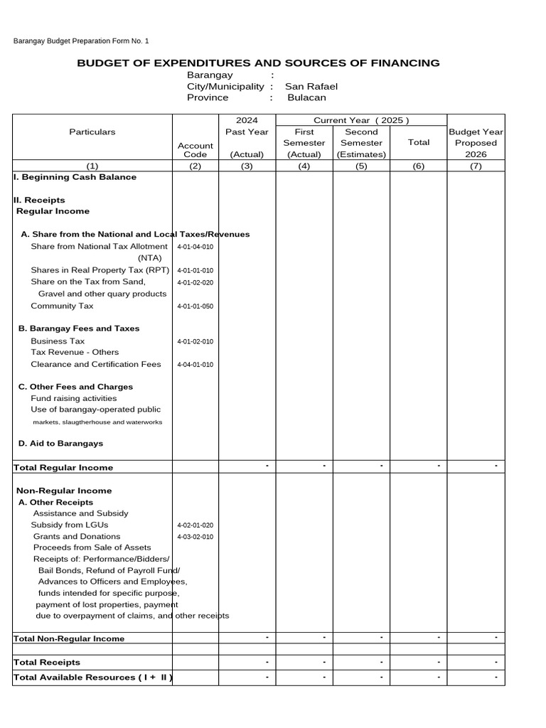 Barangay Budget Form No. 1 Overview | PDF | Budget | Taxes