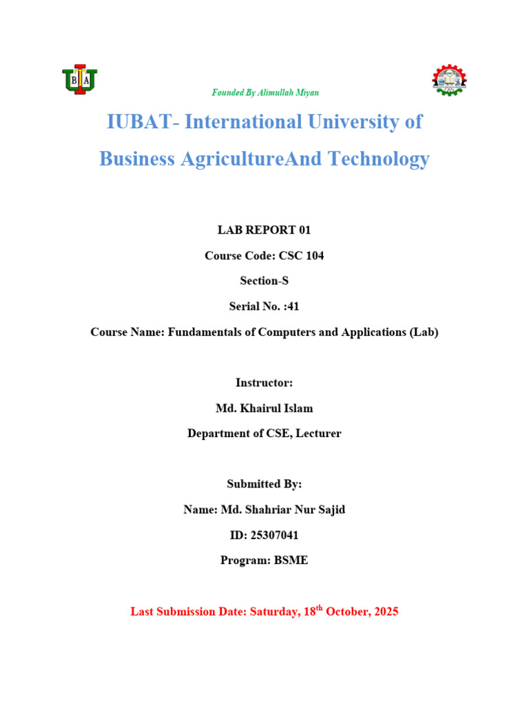 (LAB 01) 41_Md. Shahriar Nur Sajid_25307041 | PDF | Central Processing Unit | Computer Hardware