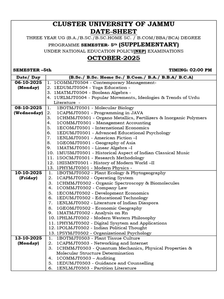 5th Semester NEP Exam Date Sheet 2025 | PDF