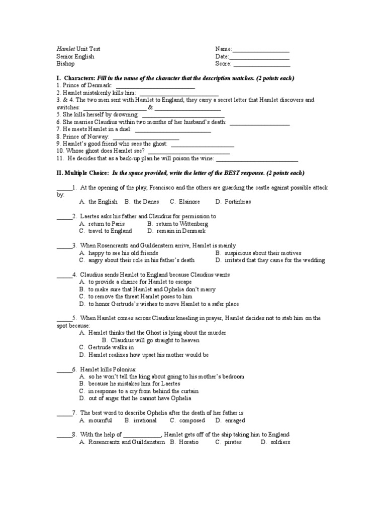 Hamlet FInal Test | PDF | Hamlet | Plays Based On European Myths And ...