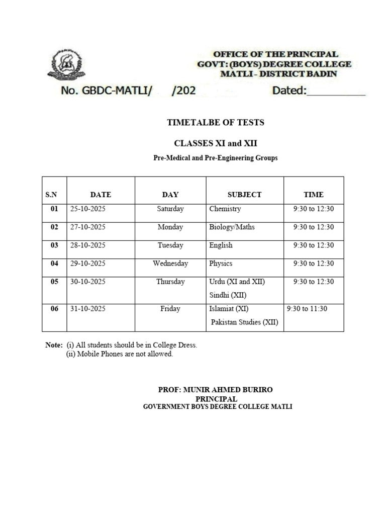 Exam Timetable for Classes XI & XII | PDF