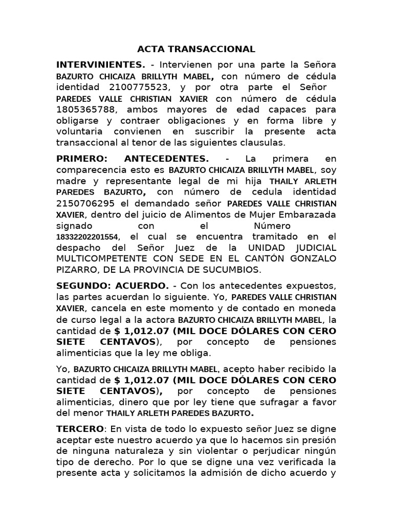 Acta Transaccional Xavier Valle | PDF
