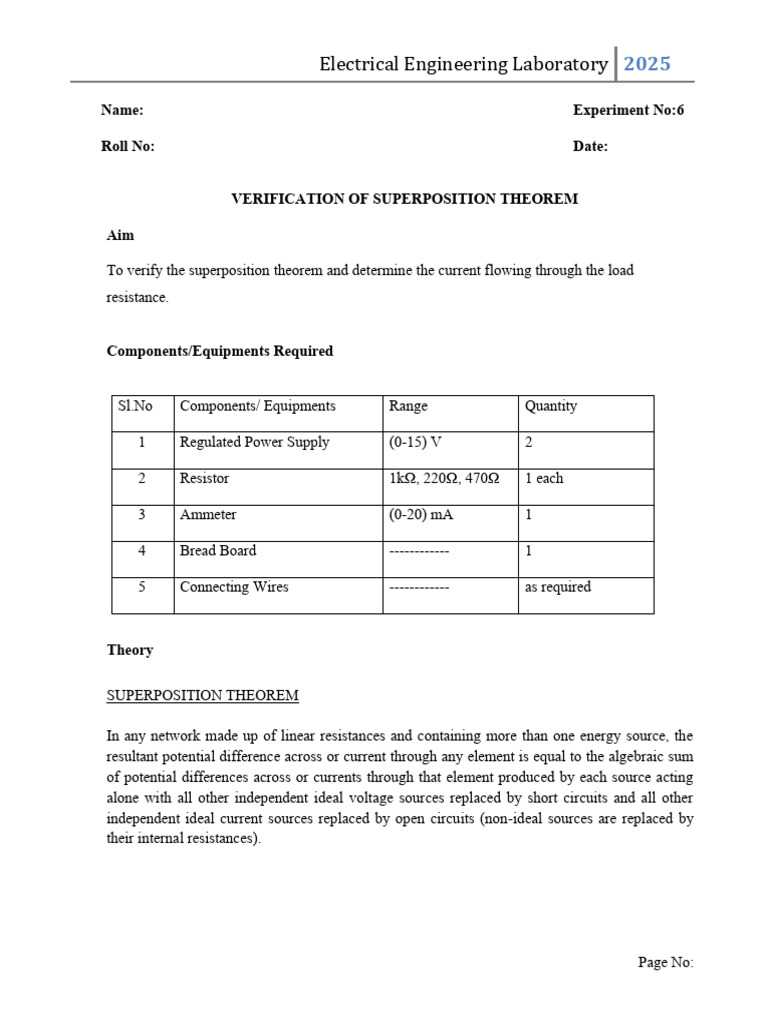 Experiment6 - Verification of Superposition Theorem | PDF | Voltage | Electrical Network