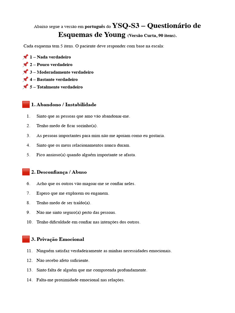 YSQ - S3 questionário de esquemas de Young. | PDF | Psicologia