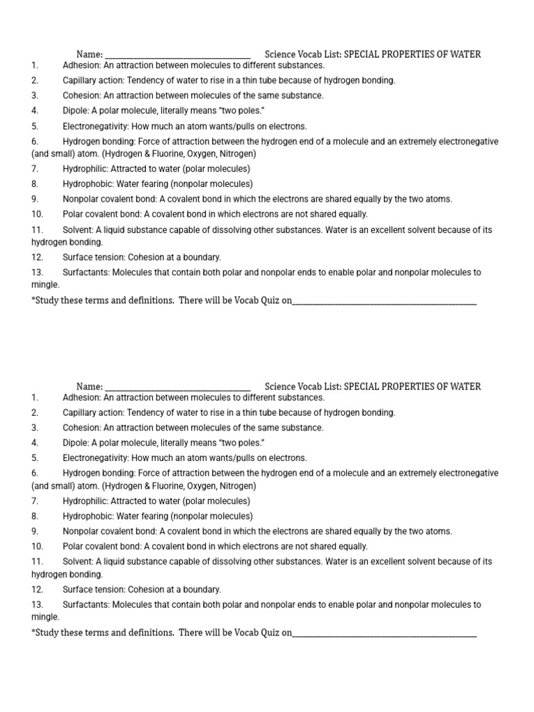 Vocab Special Properties of Water | PDF | Chemical Polarity | Chemical Bond