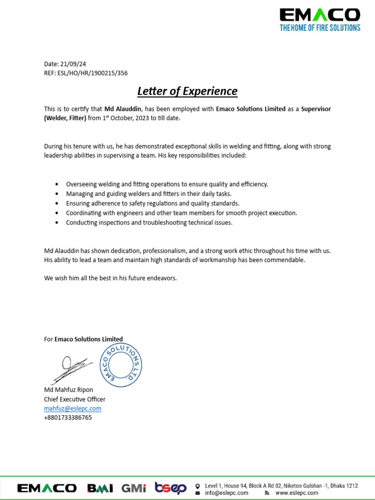 Md Alauddin's Supervisor Experience Certificate | PDF