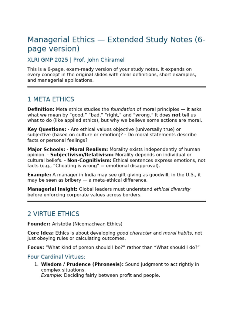 Managerial Ethics Study Notes Overview | PDF | Justice | Crime & Violence