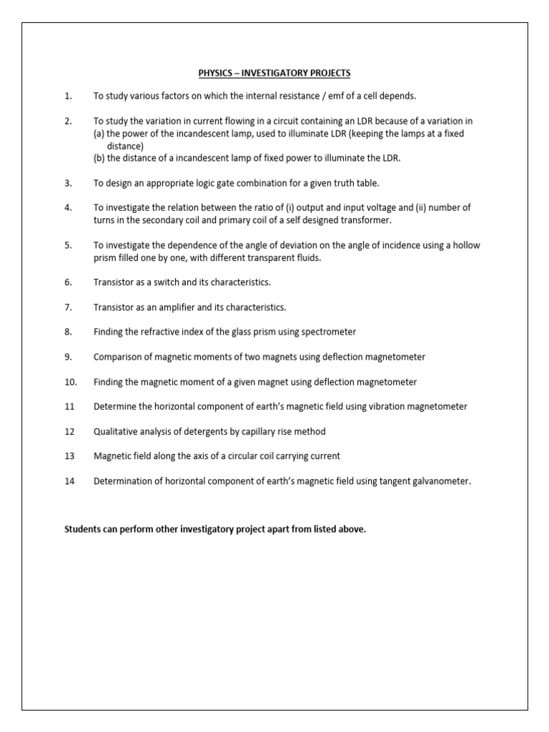 List of Experiments For Physics Investigatory Project - Grade 12 | PDF
