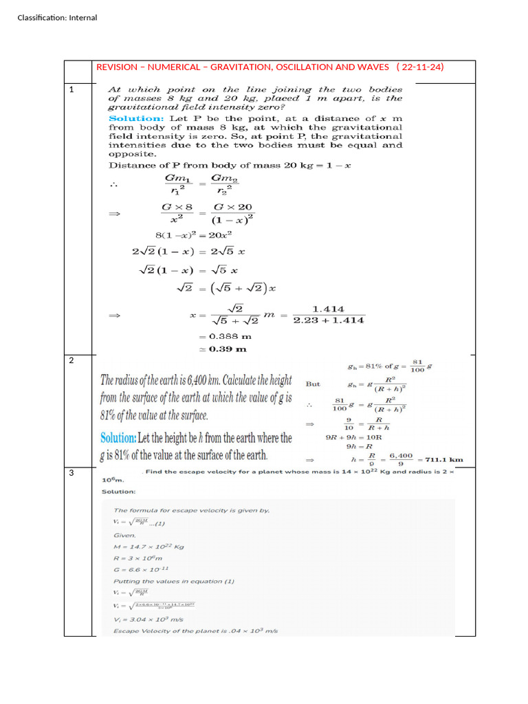 Revision - Numerical - Gravitation, Oscillation and Waves (22-11-24) | PDF