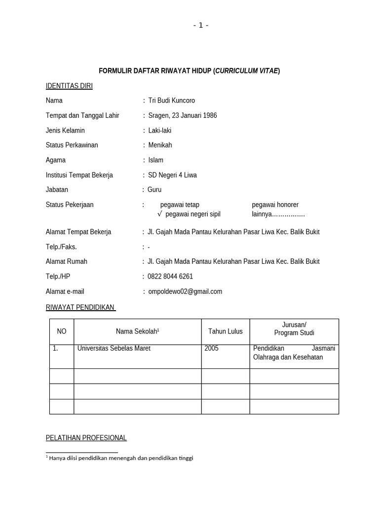 Contoh Formulir Daftar Riwayat Hidup Pemohon (Form 7 F07) | PDF