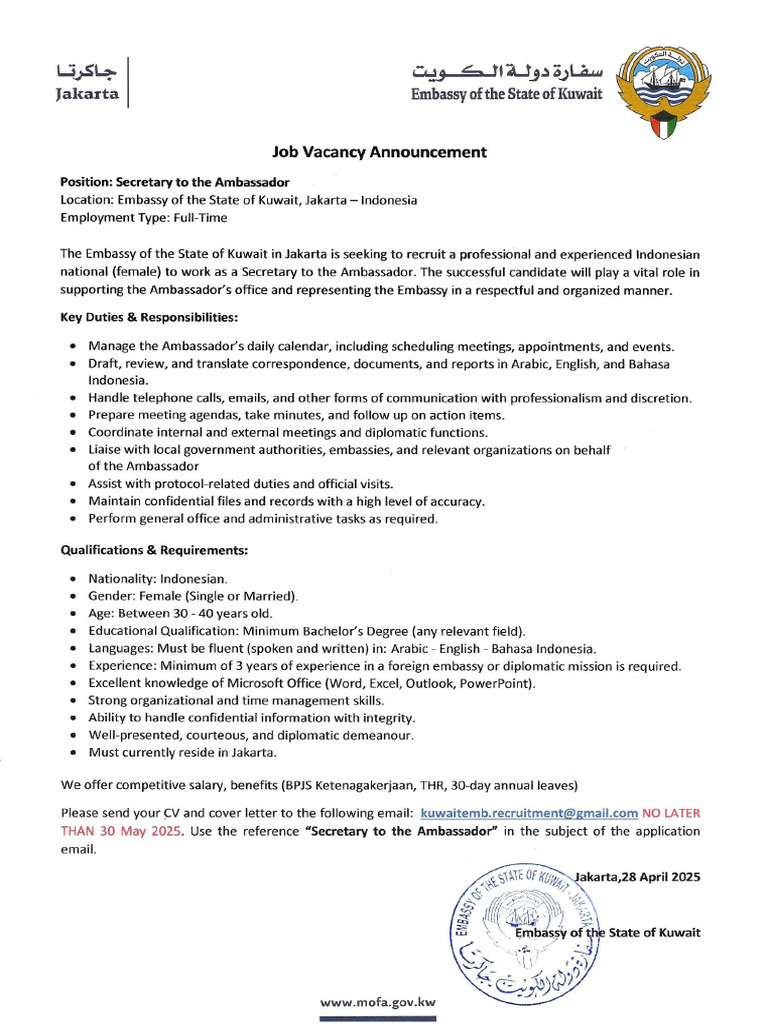 Job Vacancy Secretary Ambassador | PDF