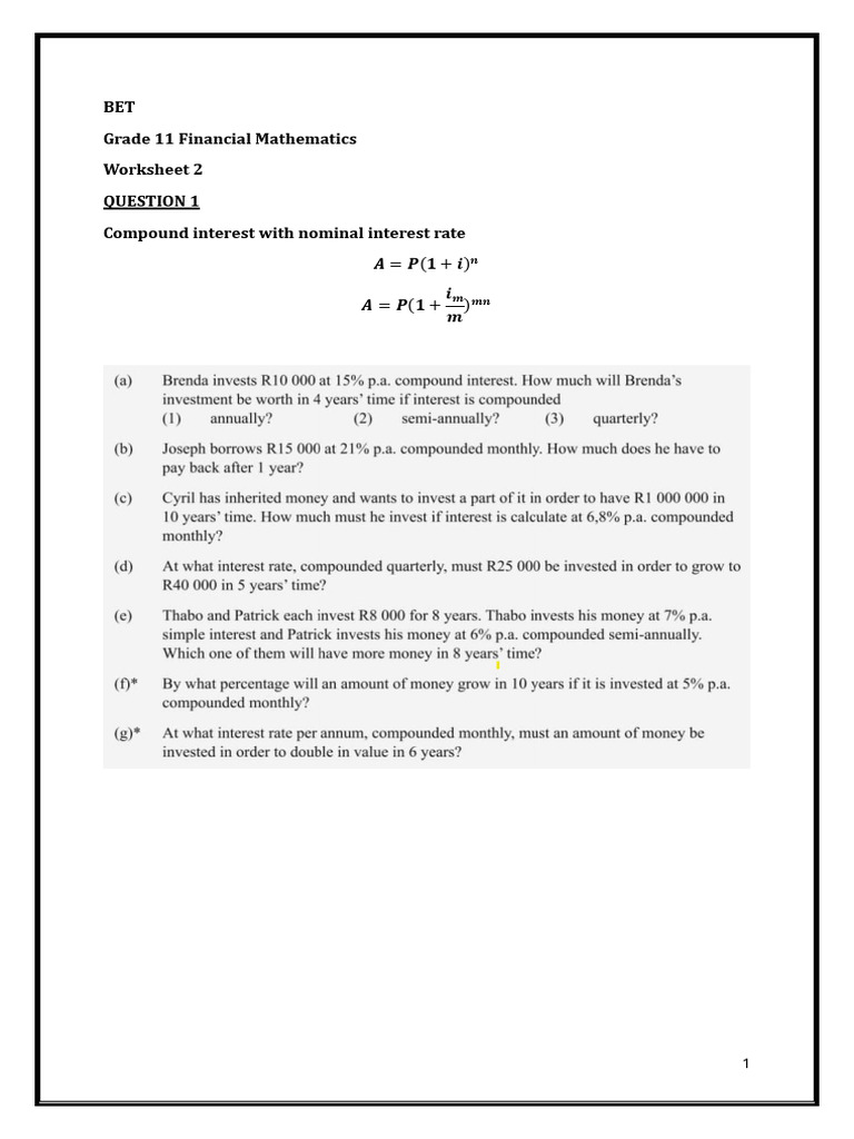 BET GR 11 Financial Maths Worksheet 2 | PDF