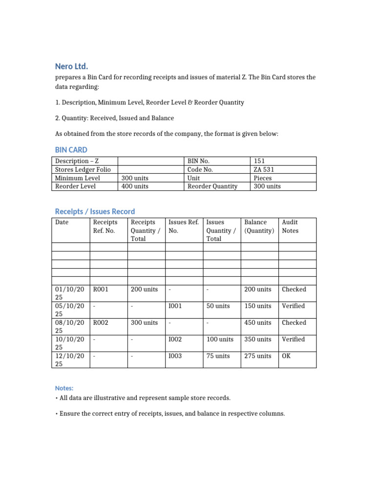 Filled Bin Card Nero Ltd | PDF