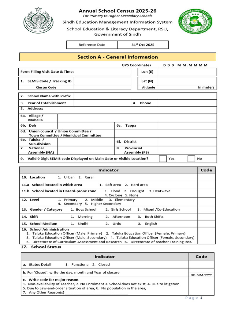 Annual School Census 2025-26 Form | PDF | Toilet