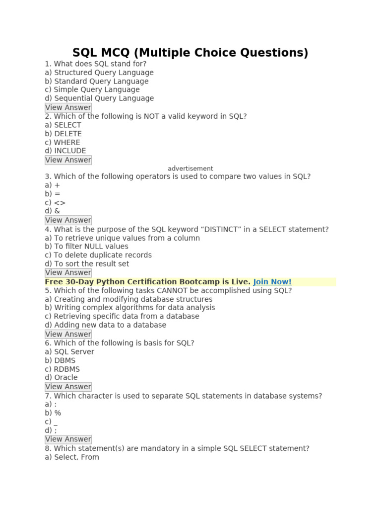 SQL MCQ | PDF | Sql | Information Technology Management