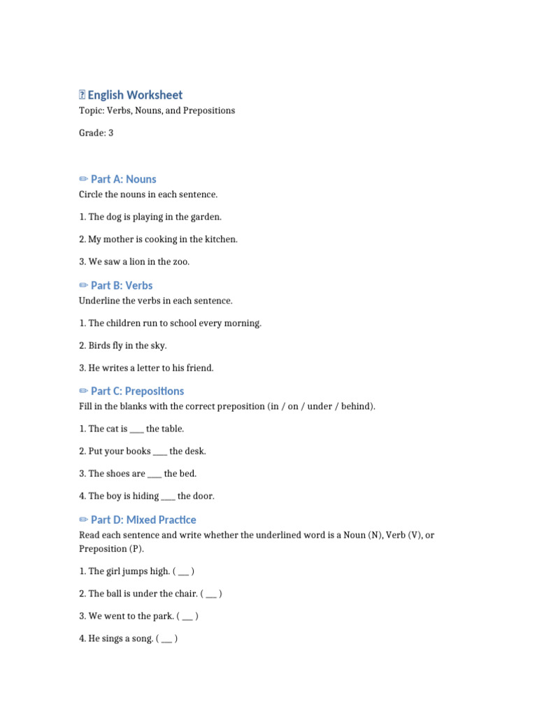 Grade 3 English: Verbs, Nouns, Prepositions | PDF