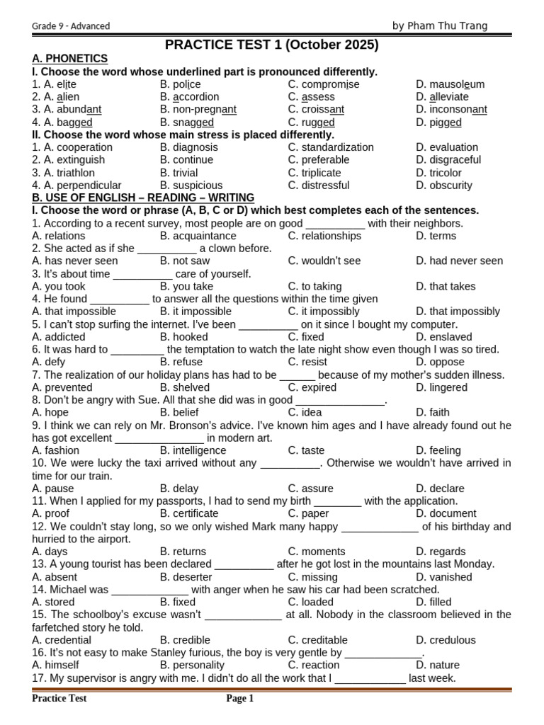 Grade 9 Advanced Practice Test 1 | PDF | Linguistics