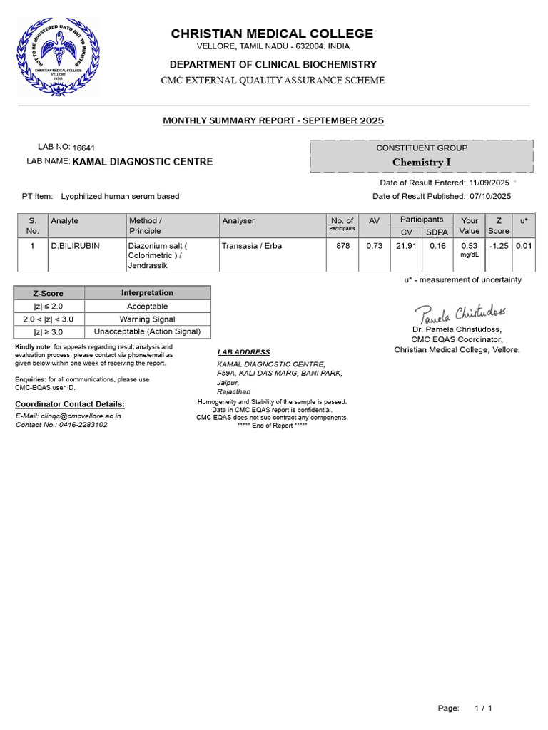 CMC EQAS Monthly Report - Sept 2025 | PDF | Medical Specialties ...