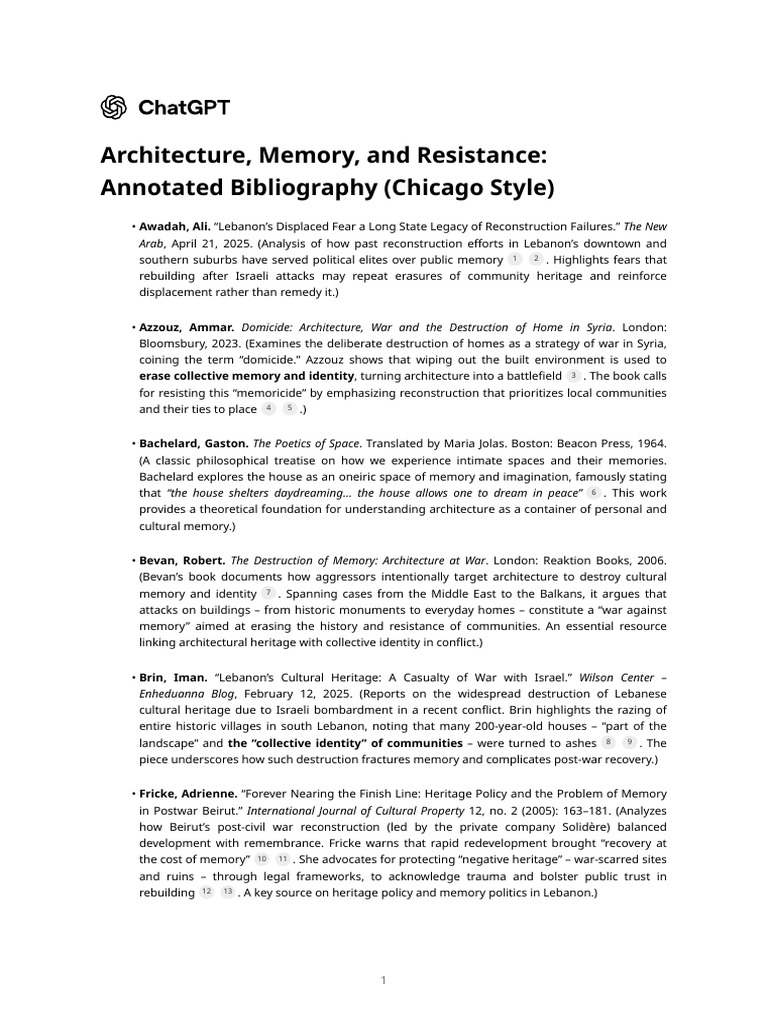 Architecture, Memory, and Resistance - Annotated Bibliography (Chicago ...