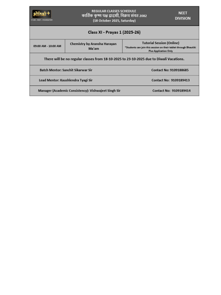 Regular Classes Schedule XI Prayas 1 (18!10!2025) | PDF