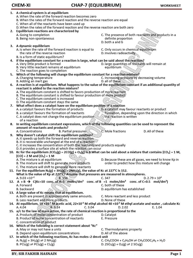 Chem Xi Chap 7, Worksheet | PDF | Chemical Equilibrium | Chemical Reactions