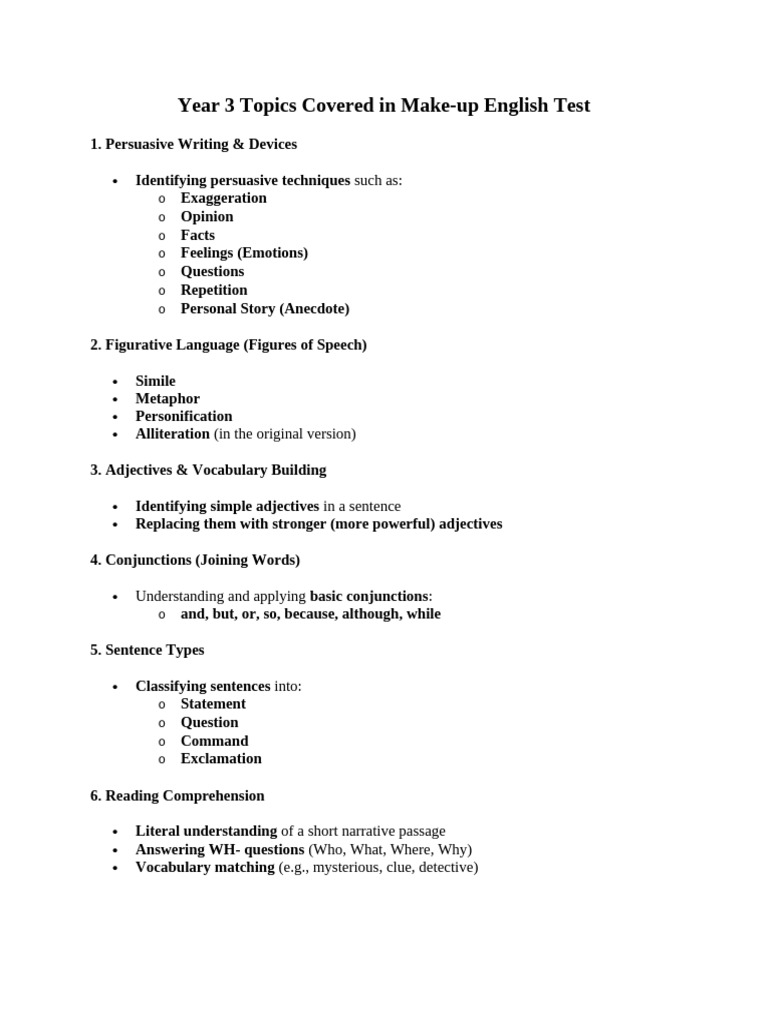 Year 3 Topics Covered For Make-Up English | PDF
