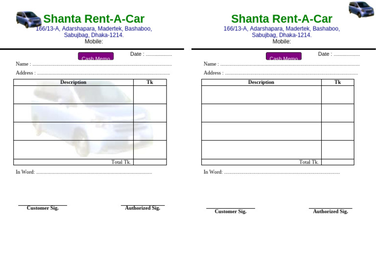 Rent-A-Car Cash Memo Template | PDF