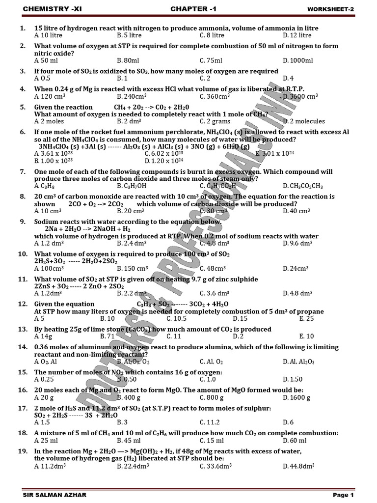 Chemistry XI Stoichiometry Worksheet | PDF | Stoichiometry | Physical ...