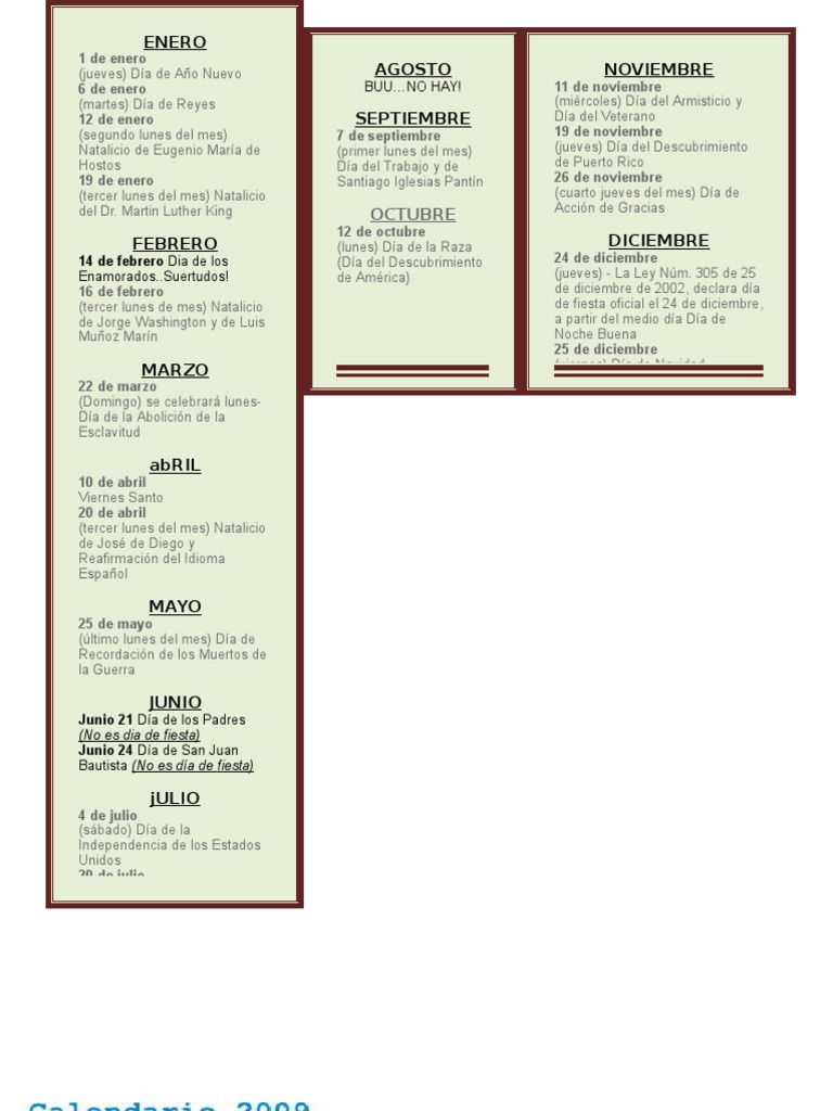 Calendario 2009 y Dias Feriados (PUERTO RICO)
