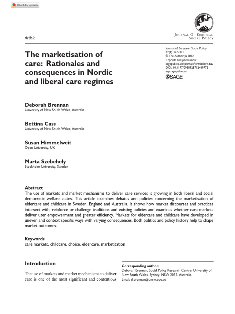 Marketisation of Care in Nordic & Liberal Regimes | PDF | Market ...