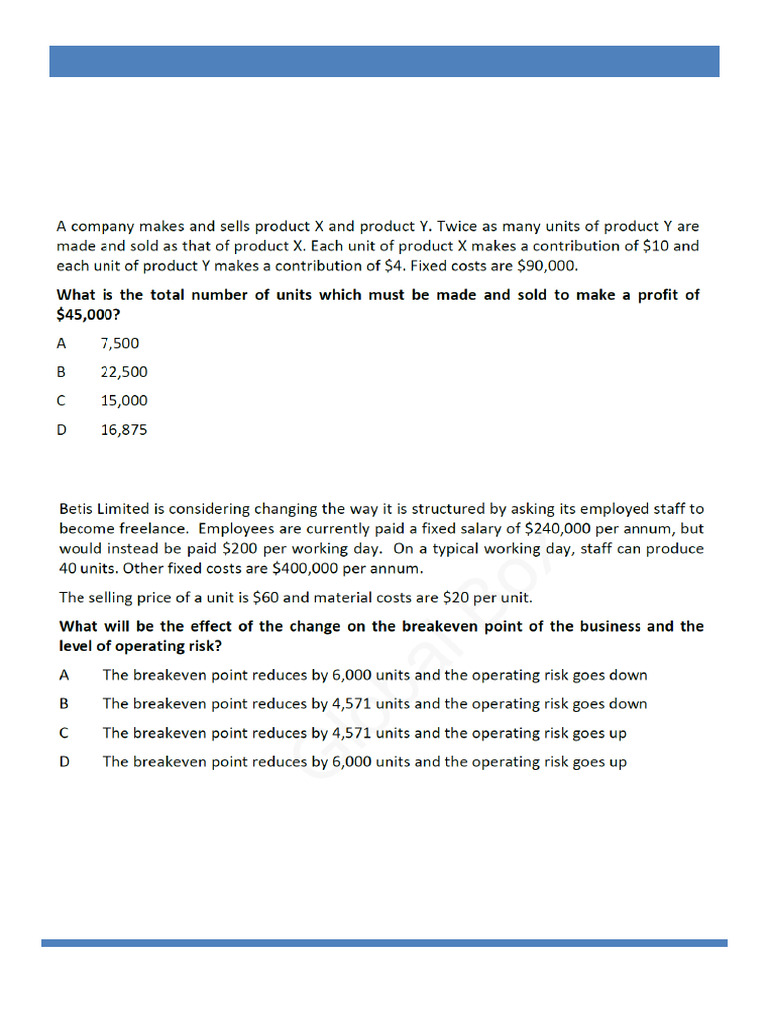 CVP Analysis Class Practice Questions | PDF | Business Economics | Economics