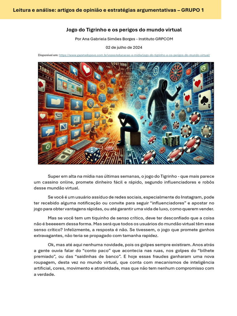 GRUPO 1 - Artigo - Jogo Do Tigrinho e Os Perigos Do Mundo Virtual | PDF