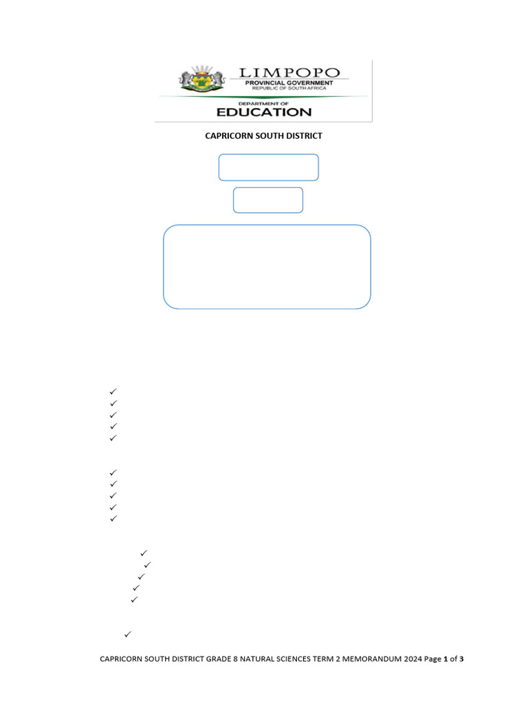 Grade 8 Natural Sciences Term 2 Test Memorandum 2024 (2152) | PDF ...
