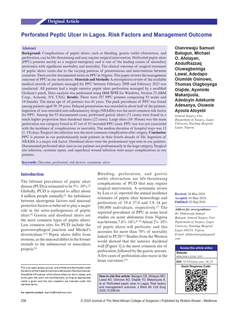 Perforated Peptic Ulcer in Lagos. Risk Factors and Management Outcome ...
