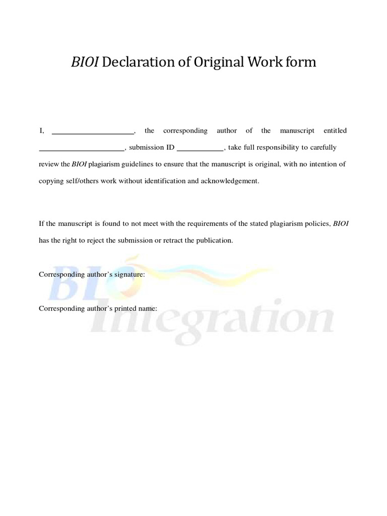 BIOI Declaration of Original Work Form | PDF