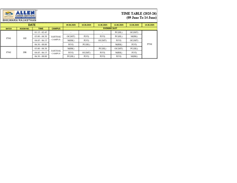 Evening Time Table June 2025 | PDF